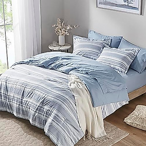 Codi Bedding comforter set Queen Size, 7 Pieces Blue White Striped Bed in a Bag Reversible, Modern Cationic Dyeing Bed Sets with 1 Comforter, 2 Pillow Shams, Flat Sheet, Fitted Sheet and 2 Pillowcases