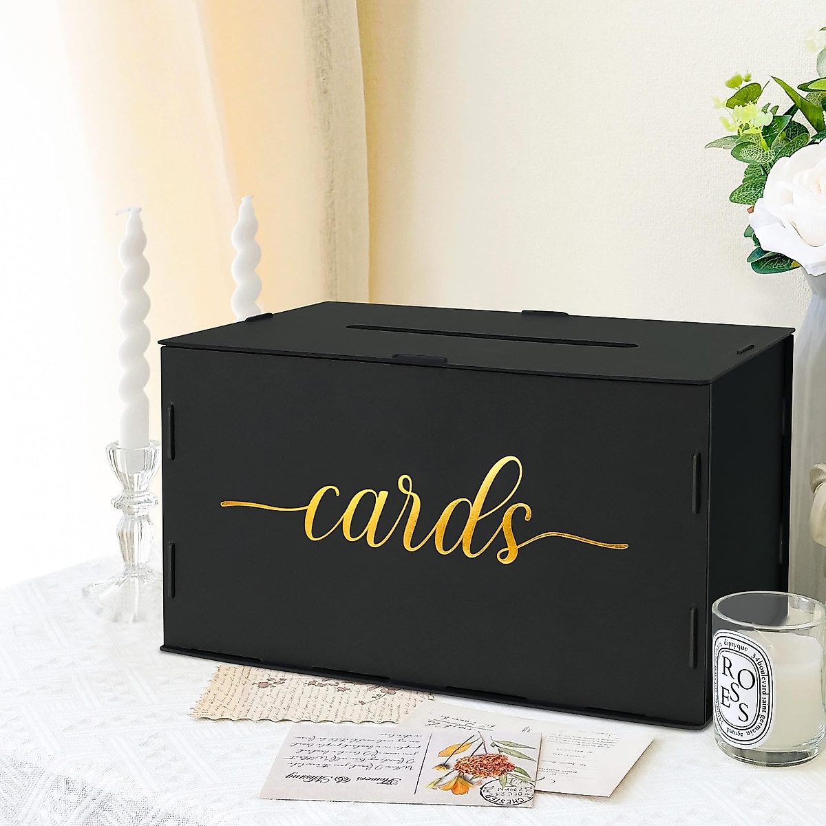 Mulbozy Black Card Box with Gold Foil Design, Wedding Card Box with Slot & Lid, Card & Money Receiving Box for Wedding Reception, Bridal & Baby Shower, Graduation