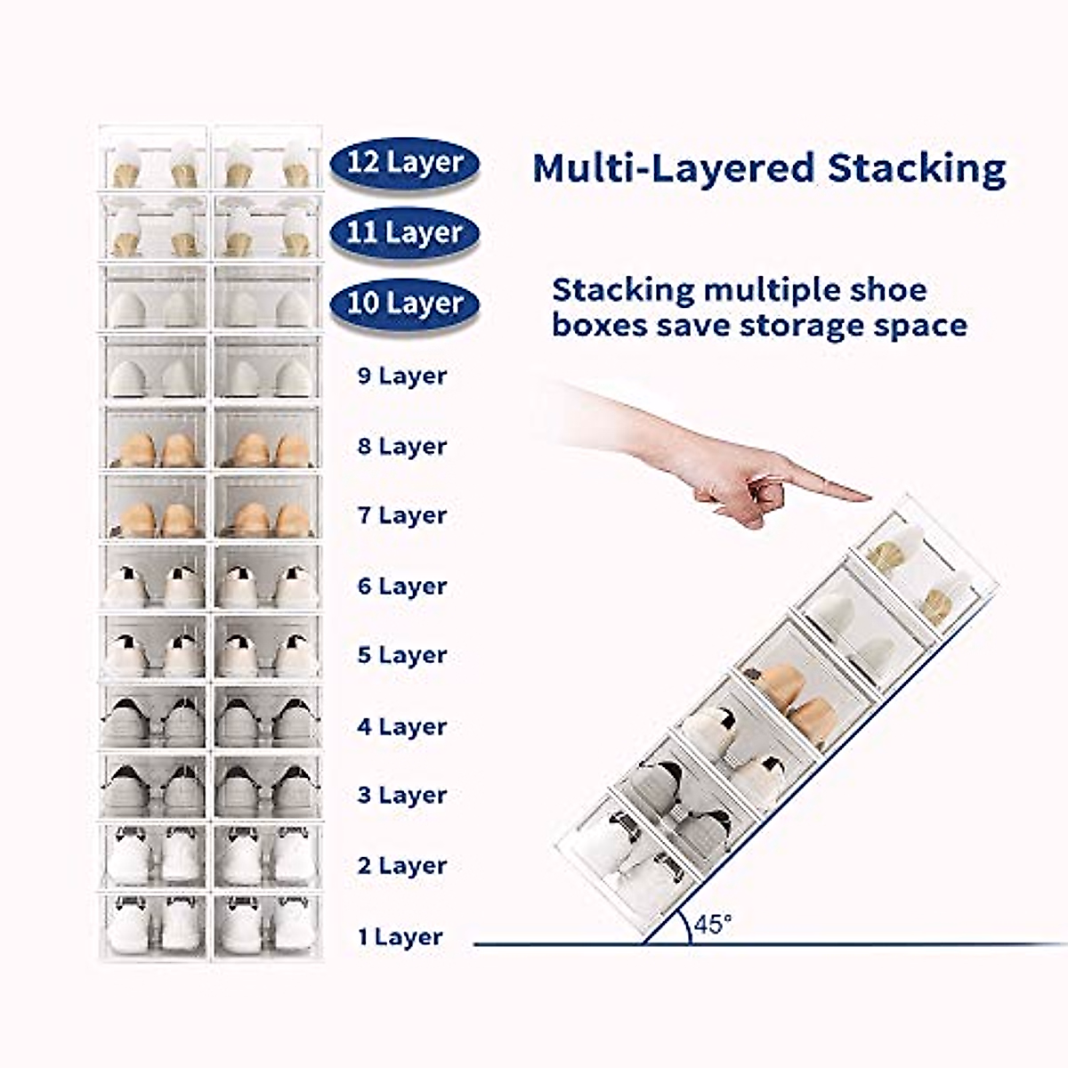 SEE SPRING 12 Pack Medium + 12 Pack X-large Shoe Storage Box, Clear Plastic Stackable Shoe Organizer for Closet, Space Saving Foldable Shoe Containers Bins Holders (Black Clear)