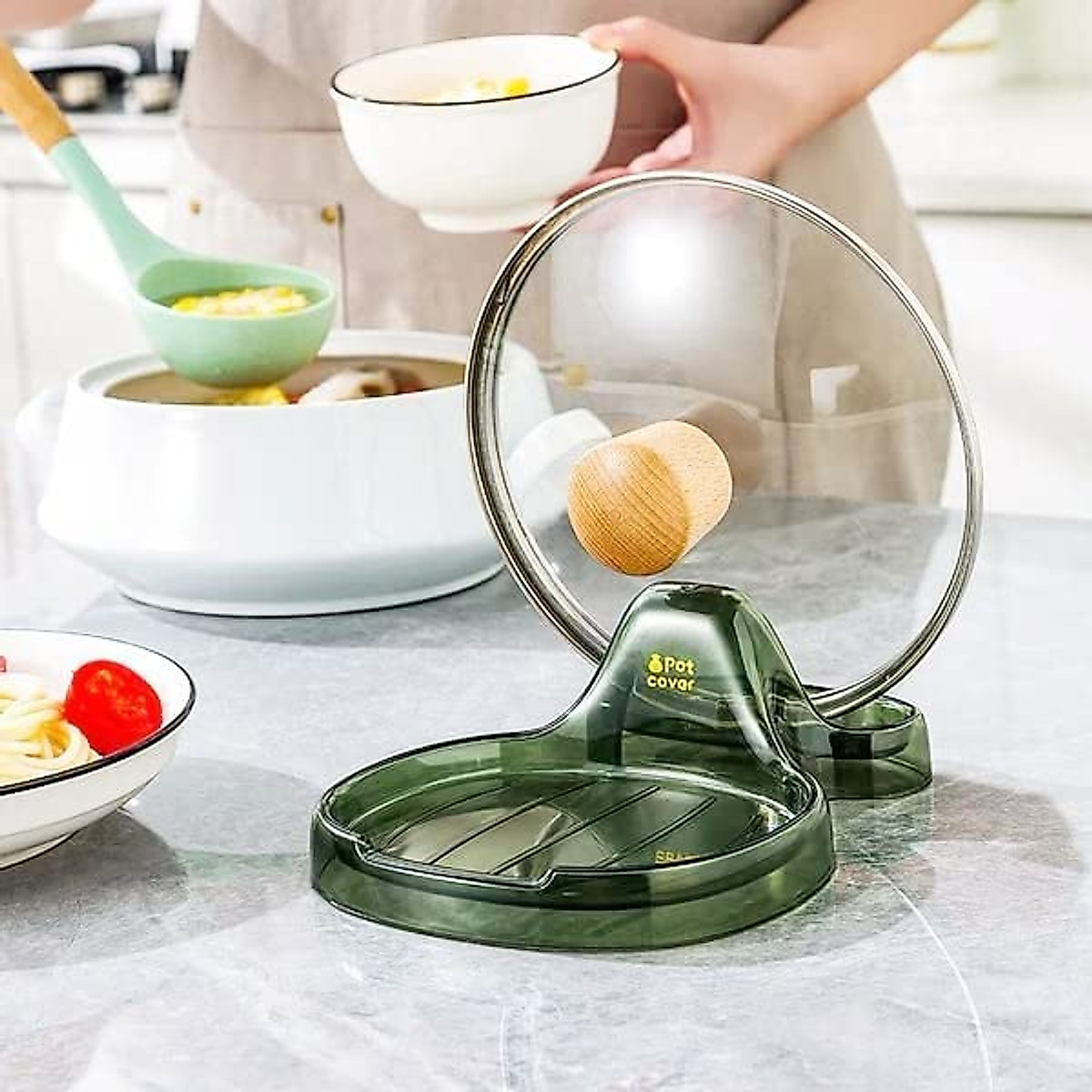 Multifunction Kitchen Spatula Rack - Spoon Rest w/Lid Holder, Versatile Pot Lid Ladle Holder, Heat-Resistant & Eco-Friendly, Food Grade Plastic Spoon Holder for Multiple Utensils (A - Green)