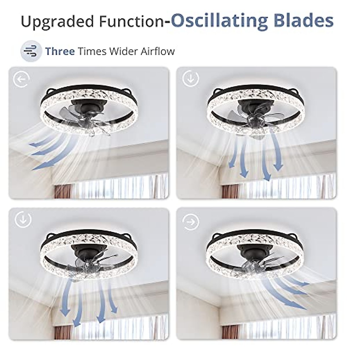 LEDIARY 20 Inch Modern Ceiling Fans with Lights and Remote, Oscillating Low Profile Ceiling Fan, Flush Mount Bladeless LED Ceiling Fan, Dimmable, Stepless Color Changeable, 6 Wind Speeds - Black