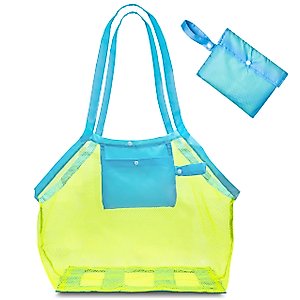 FoxPrint Mesh Beach Bags and Totes for Groceries, Shopping, Summer Pool Toys, Reinforced Carry Handles, Sand Resistant Net, Quick Snap Closure and Front Pocket, Yellow
