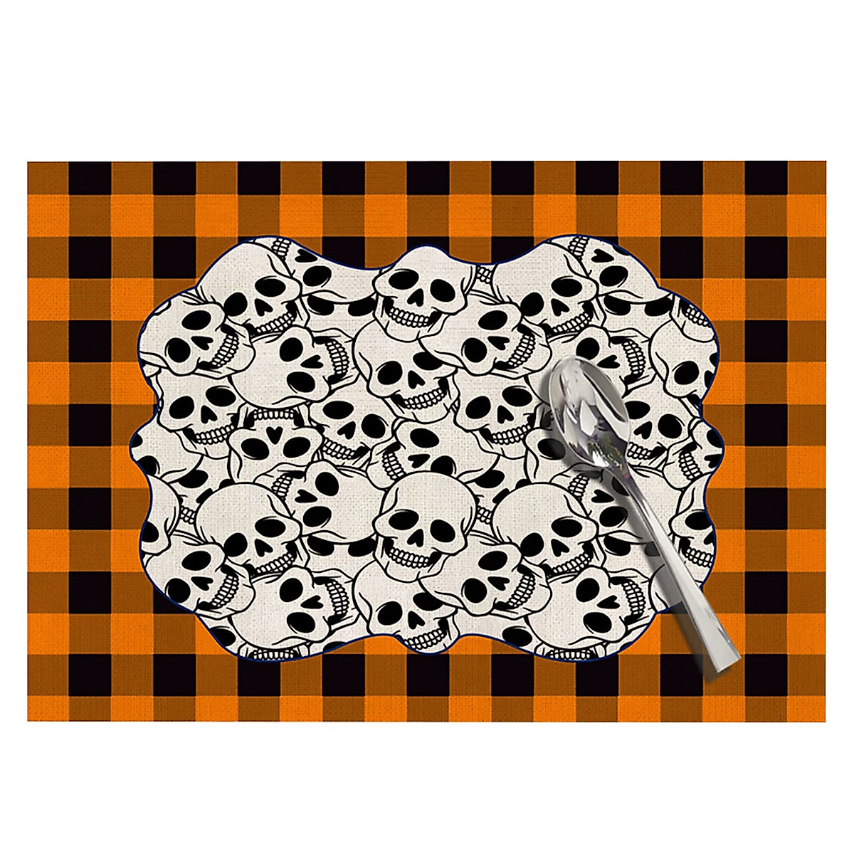 Zando Halloween Placemats Set of 4 Halloween Square Placemats for Out/Indoor Dining Table Halloween Waterproof Placemats Fall Placemats Evil Skull Pattern 12 * 18 Inch Halloween Kitchen Decor