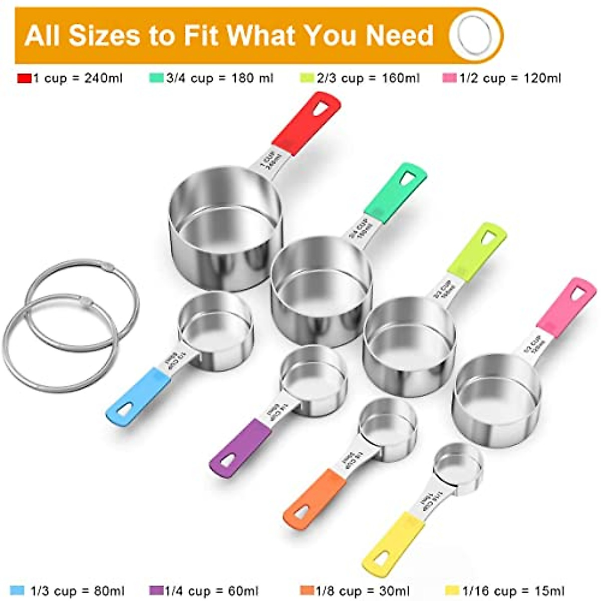 Wildone 8-Piece Measuring Cups Set, Stainless Steel Nesting Measuring Cups, Perfect for Dry and Liquid Ingredients, Dishwasher Safe