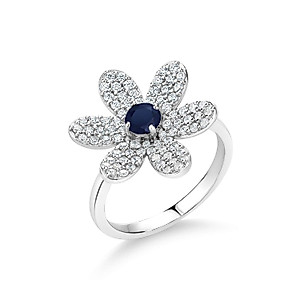 Gem Stone King 925 Sterling Silver 4MM Round Gemstone Birthstone Flower Ring For Women By Keren Hanan | Available in Size 5,6,7,8,9