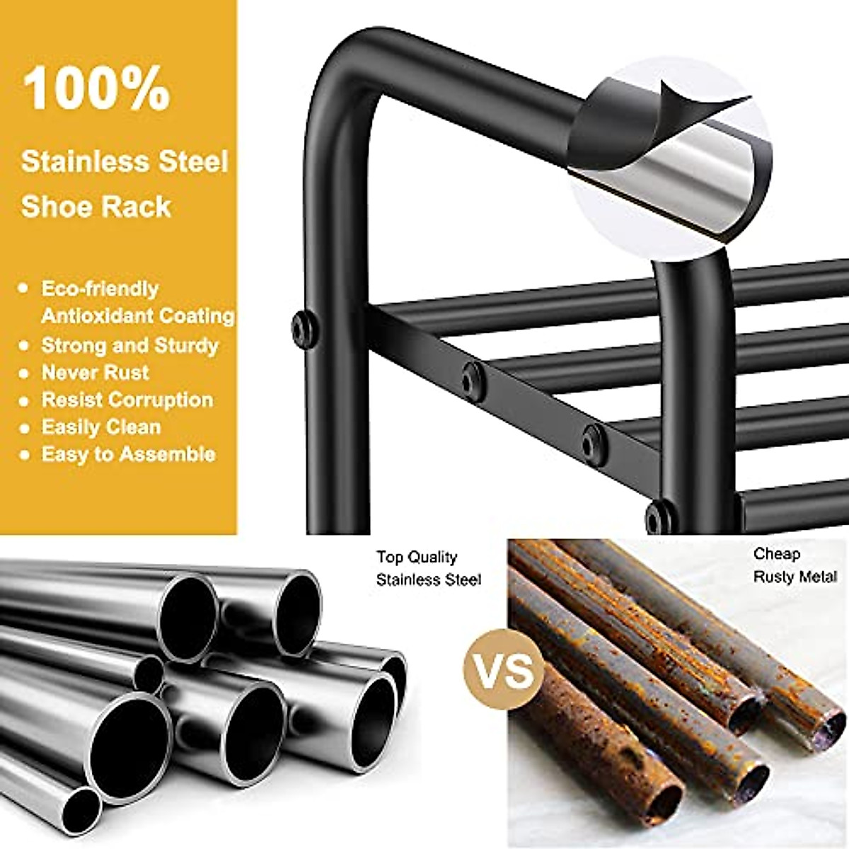 FANHAO 4-Tier Shoe Rack, 100% Stainless Steel Shoe Shelf Storage Organizer 12 Pairs for Bedroom, Closet, Entryway, Dorm Room, Matte Black