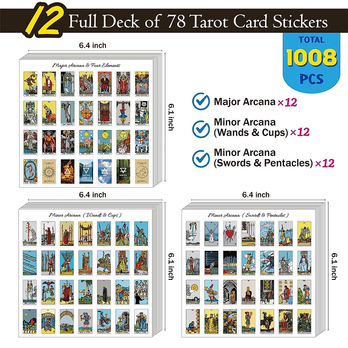 Joyppy Mini Tarot Stickers for Journaling - 1008 PCS Tarot Card Stickers Based on Rider Waite Tarot Deck - 1.25" x 0.78" - Clear Printing & Glossy Finish – 4 Tarot Cheat Sheets Included