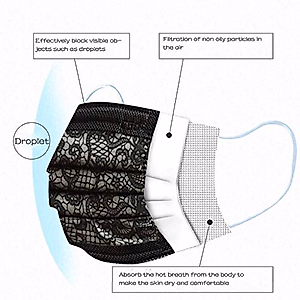 Disposable Face Mask, Adult Disposable Face Mask Fashion Lace Disposable Protection Three Layer Breathable (50 PCS, Black)