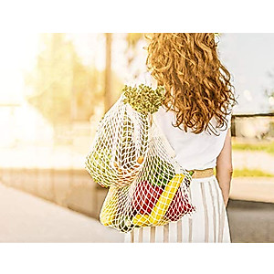 WHITEWRAP Cotton Mesh String Reusable Bag Long Handle Net Tote Bag| 13"x14" | 2-Pack | Natural | Reusable Grocery Bags, Vegetable Bag, Shopping bag, Hand bag