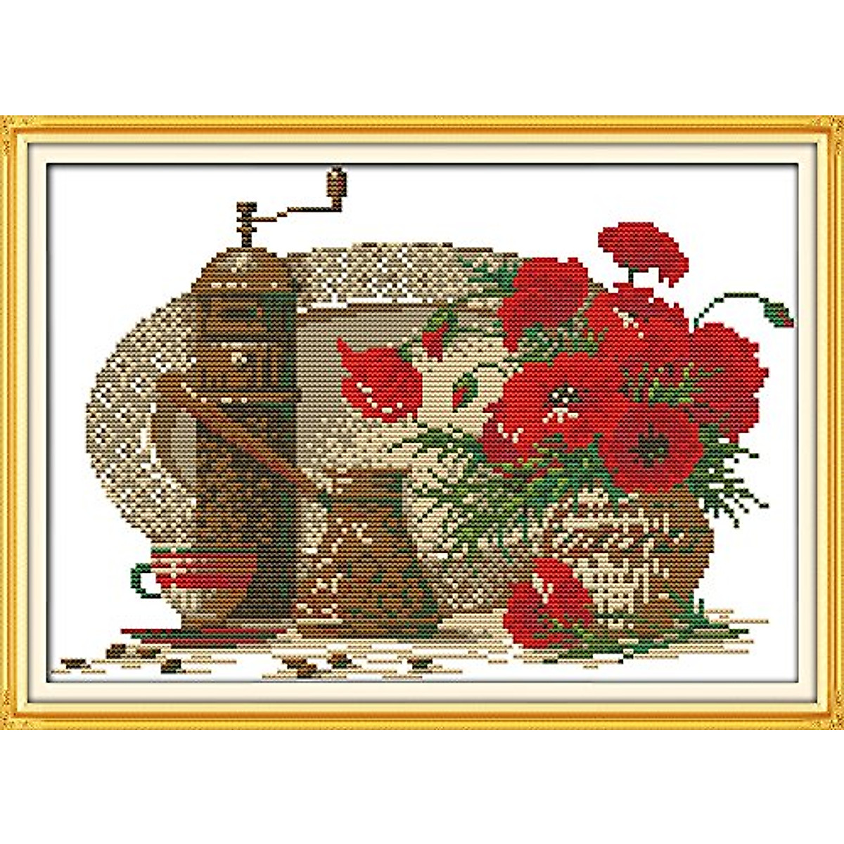 14 CT Cross Stitch Kits for Beginners Teacup & Poppy Printed Stamped Cross-Stitch Supplies Needlework Printed Embroidery Kits DIY Kits Needlepoint Starter Kits 34×26cm