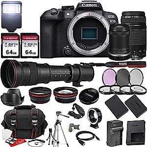 Canon EOS R10 Mirrorless Camera w/RF-S 18-150mm f/3.5-6.3 IS STM Lens + EF 75-300mm f/4-5.6 III Lens + 420-800mm f/8.3 HD Telephoto Lens + 2X 64GB Memory + Case + Filters + Tripod & More (35pc Bundle)