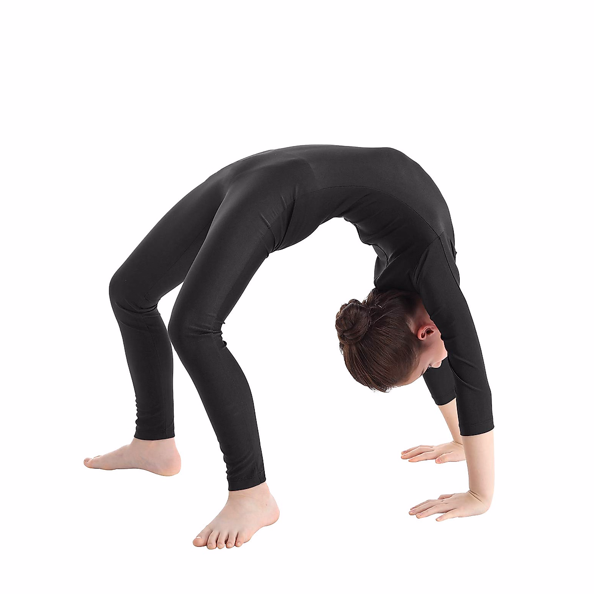 QinCiao Children's Girls Spandex Gymnastics Full Length Bodysuit Jumpsuit Long Sleeve Catsuit Unitard Dance wear Leotard Black 11-12