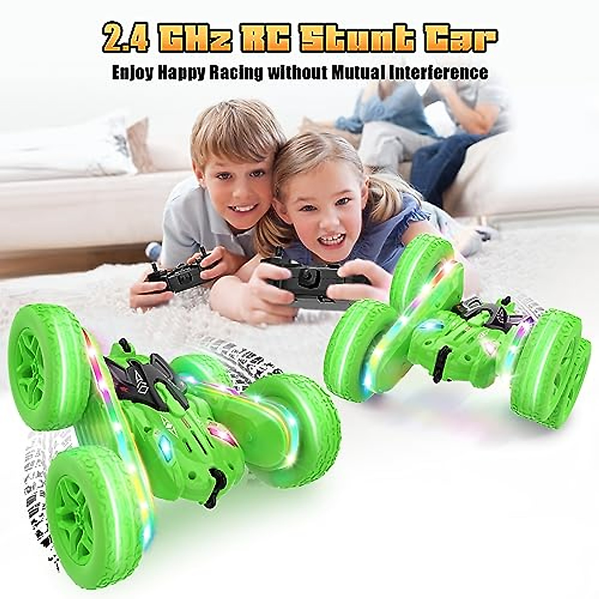 Jimdella Remote Control Car,RC Cars with sides light strip and Headlights,Double Sided 360 Flips Rotating RC Stunt Car,2.4Ghz All Terrain Toys for Ages 4-6 Kids Toy for Boys Girls Birthday Gift(Green)