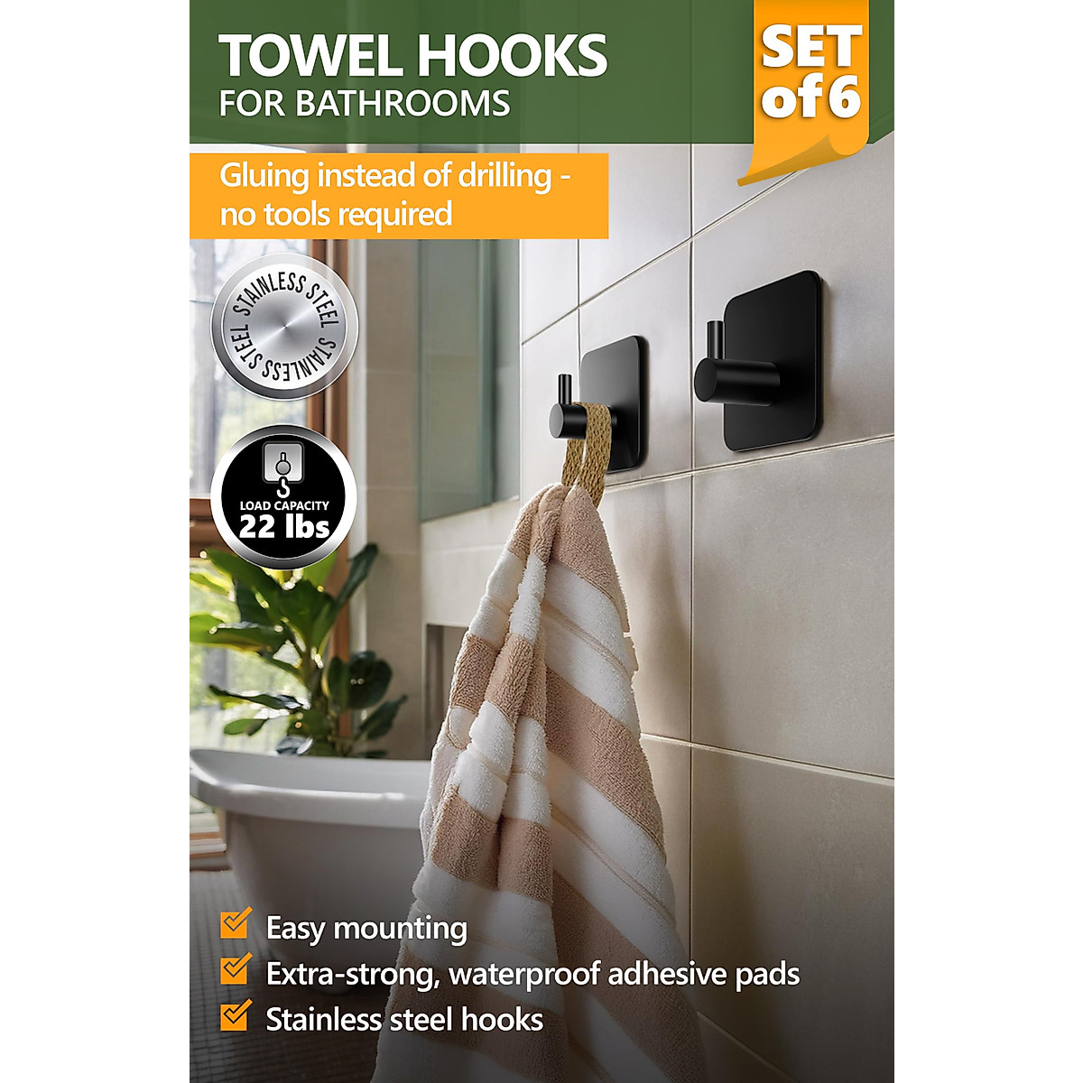 4smile Towel Hooks for bathrooms, Set of 6 - Black Adhesive Hooks, Durable Adhesive Wall Hooks - Strong Adhesive Towel Hooks, Stick on Hooks