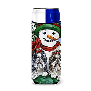 Caroline's Treasures PPP3191MUK Shih Tzu Christmas Snowman Ultra Hugger for slim cans Can Cooler Sleeve Hugger Machine Washable Drink Sleeve Hugger Collapsible Insulator Beverage Insulated Holder