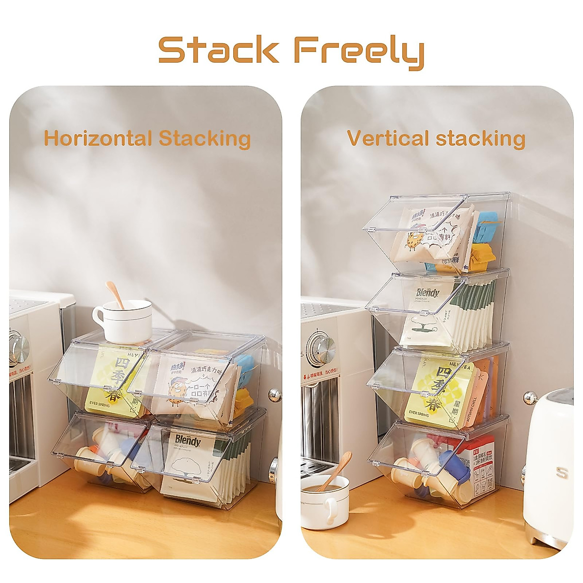 LLGWGL Stackable Tea-Bag Holder - Clear Coffee & Tea Organizer for Counter Tops, Kitchen Cabinets, Pantry, 2 Pack