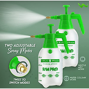 Garden Sprayer, ¼ Gallon Pump Sprayer, 1L Weed Sprayer, 34 Oz Water Sprayer | Pump Spray Bottle For Lawn Sprayer, Plant Mister, Safety Valve & Adjustable Brass Nozzle, Pressure Hand Sprayer By Ram Pro