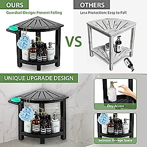 ETECHMART Bamboo Corner Shower Stool for Shaving Legs Foot Rest, Waterproof Bath Bench Seat with Storage Shelf and Soap Dish for Bathroom Inside Shower, Use as Small Corner Table Step Stools, Espresso