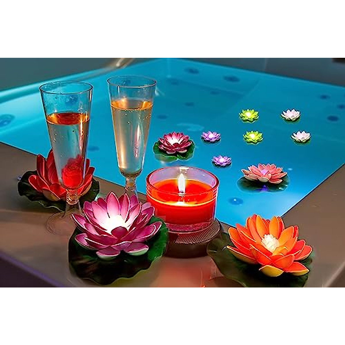 Assaoy Floating Pool Lights,Lotus Flowers Lights,Fun Pool Accessories,Pond Light LED Candles Artificial Flower W/Water Lily Pad for Pool at Night,Garden Wedding Back to School PartyDecor 8Pcs