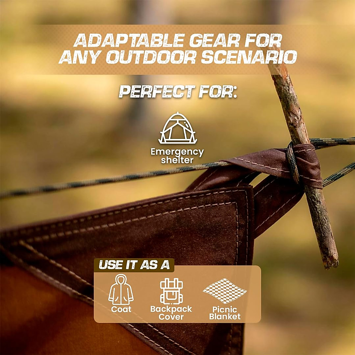 Bushcraftspain Waterproof Oilskin Tarp 8’ x 4’8’’- Brown Waxed Cotton Canvas Shelter for Survival, Bushcraft and Camping - Lightweight - Made in Spain