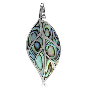 Silvershake Abalone Paua Shell Inlay White Gold Plated 925 Sterling Silver Leaf Pendant