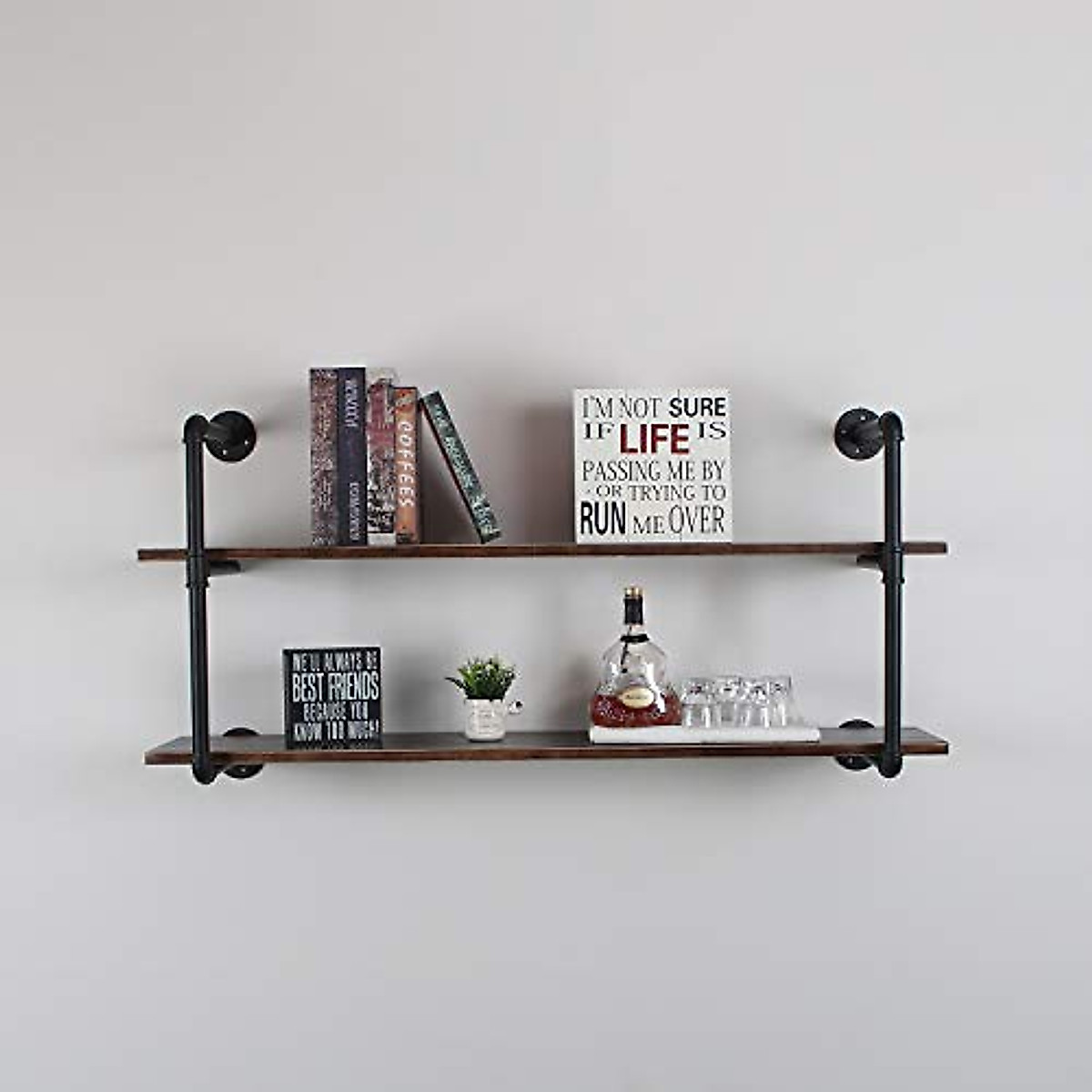 OISSIO Industrial Pipe Wall Shelf,2-Tiers Wall Mount Bookshelf,44in Rustic Wall Mount Shelf,DIY Storage Shelving Floating Shelves,Rustic Pipe Shelving Unit,Wall Book Shelf for Home Organizer