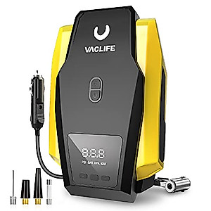 VacLife Tire Inflator Portable Air Compressor - Air Pump for Car Tires (up to 50 PSI), 12V DC Tire Pump for Bikes (up to 150 PSI) w/ LED Light, Digital Pressure Gauge, Model: ATJ-1166, Yellow (VL701)