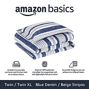 Amazon Basics Ultra-Soft Lightweight Microfiber Reversible Comforter 2-Piece Bedding Set, Twin/Twin XL, Blue Denim/Beige Stripes, Striped