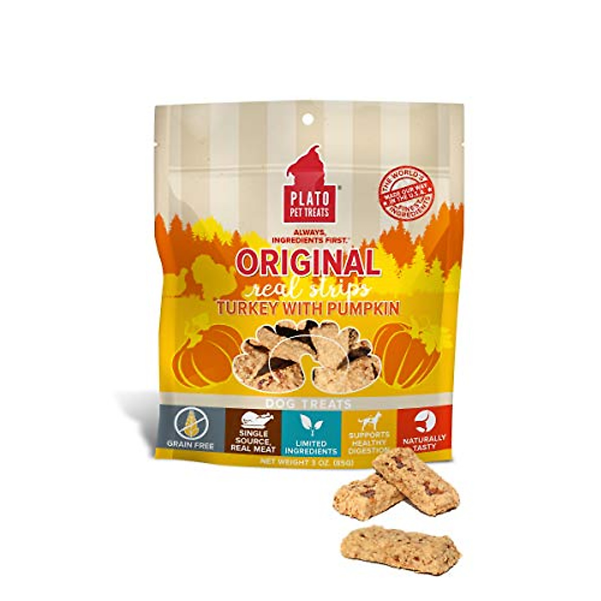 PLATO Turkey Real Strips Natural Dog Treats - Real Meat - Air Dried - Made in the USA - Turkey & Pumpkin, 18 ounces