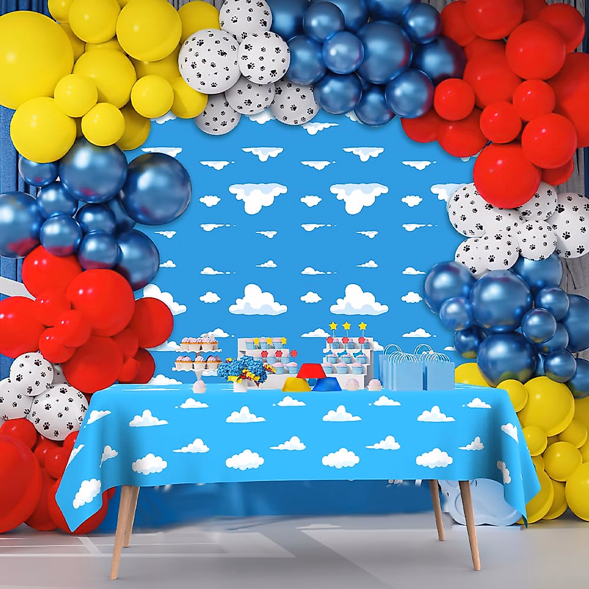 2Pcs Blue Sky and White Clouds Tablecloth Birthday Party Supplies, 54x108 Inch Cartoon Story Tablecloth, Cartoon Tablecovers Party Table Cover for Baby Boy Girl Kids Shower Birthday Party Decorations