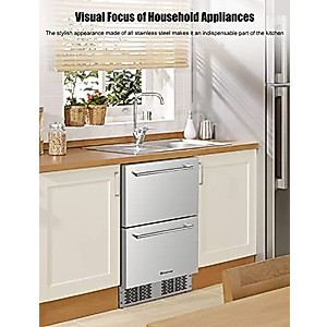 24 Inch Indoor Under Counter Drawer Fridge Stainless Steel Undercounter Refrigerator Freestanding Outdoor Fridge for Home Built-in Commercial Beverage Refrigerator with Dispenser and Digital Display