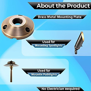 LED Lights Brass Mounting Plate by MIK Solutions Heavy Duty Surface Flush Mount Low Voltage LED Light Outdoor Landscape Lighting Mushroom Security Garden Lights Home Patio Deck Pool