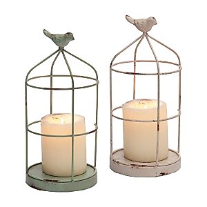 Foreside Home and Garden FCAD01164 Set of 2 Rustic White and Mint Metal Wire Cage and Bird Pillar Candle Holders