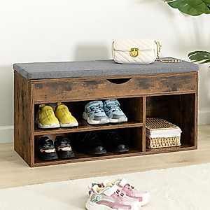 WellFurGeer Shoe Bench with Storage, Entryway Bench with Shoe Storage, Shoe Rack with Bench, Shoe Storage Bench with Padded Cushion, Shoe Storage Bench, Brown + Gray
