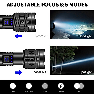 Rechargeable Flashlights High Lumens, 950000LM Powerful Tactical Flashlights, 5 Modes LED Flashlight Adjustable, Brightest Flashlight Waterproof, Handheld Flash light for Emergencies, Camping, Hiking