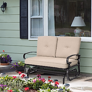 HAPPYGRILL Outdoor Swing Glider Bench Patio Loveseat Glider with Comfortable Cushions, 2 Persons Rocking Glider Chair for Porch Balcony Garden Poolside