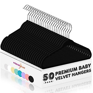 HOUSE DAY Velvet Baby Hangers 50 Pack, Premium Children's Hangers for Baby, Infant & Toddler Clothes, Durable Non Slip Baby Felt Hangers Black, 11 Inch Baby Hangers for Closet, Ideal for Everyday Use