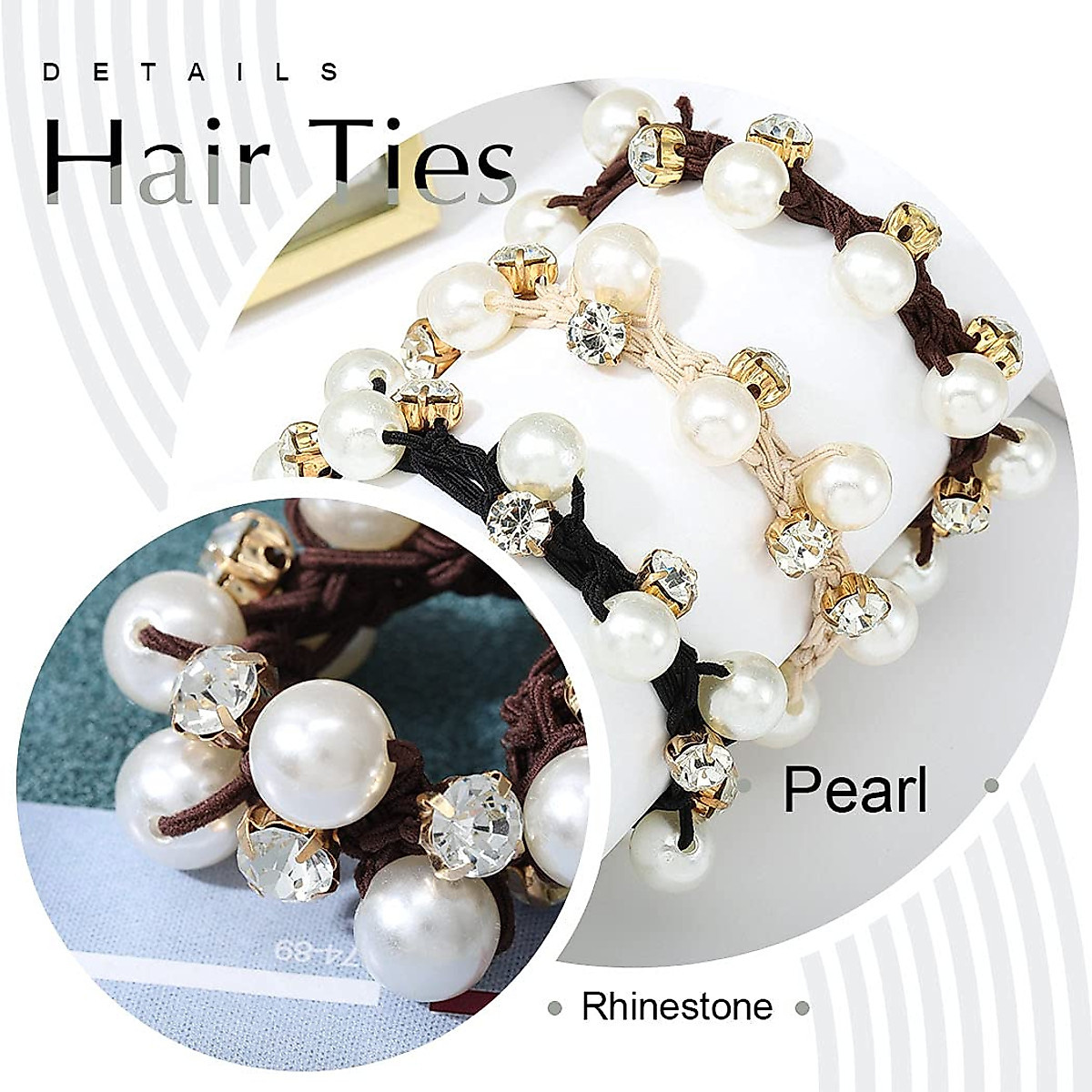 Brinie Pearl Hair Ties Black Ponytail Holders Elastic Crystal Hair Scrunchies Pearl Hair Accessories for Women and Girls (Pack of 3)
