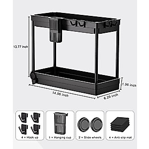 Fowooyeen Under Sink Organizers and Storage, Bathroom Organization Cabinet with Hooks Hanging Cup, Multi-Purpose Sliding Countertop Storage Shelf for Bathroom and Kitchen Semi-Transparent