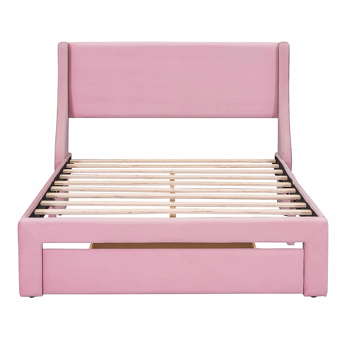 Anwickhomk Queen Size Fabric Upholstered Platform Bed Frame, Modern Upholstered Platform Bed with Headboard, with Big Storage Drawer,Heavy Duty Bed Frame with Wood Slat Support, Pink