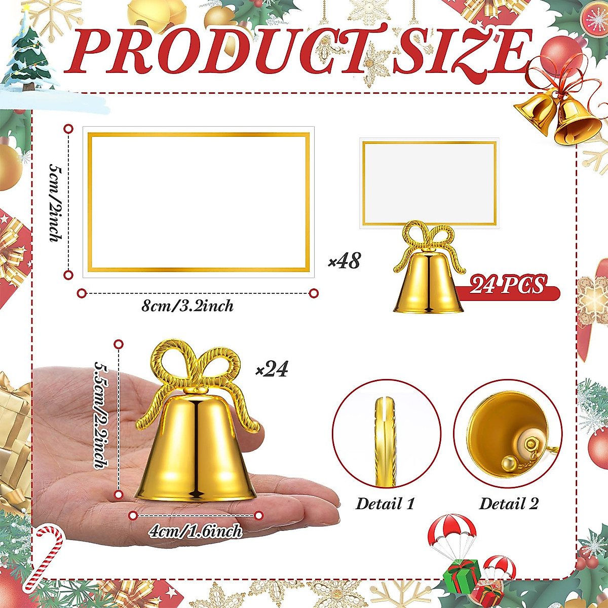 Watersay 12 Pcs Christmas Card Holders Jingle Bell Gold Table Number Holders Metal Picture Holders for Tables Card Holder Wedding Table Number Holder for Photos Signs Memo Notes Restaurants Birthday