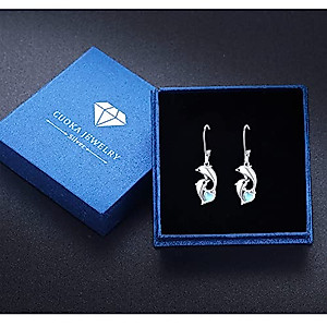 Dolphin Earrings,Sterling Silver Double Dolphin with Blue Heart Moonstone Hoop Earrings,Ocean Nautical Animal Sailor Drop Earrings for Sensitive Ears Jewelry Gift for Best Friend, Metal, crystal