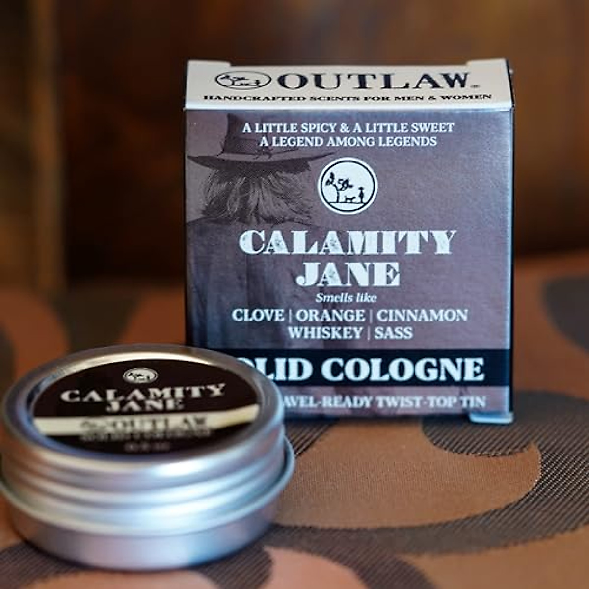 Spicy and Sweet Solid Cologne - Clove, Orange, Cinnamon, Whiskey Scent - Calamity Jane by Outlaw - Men's or Women's Cologne