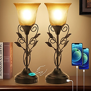 Bedside Lamps, Table Lamp with USB Port 3 Way Dimmable Touch lamp Torchiere Nightstand Lamps with Rustic Vines Leaf and Glass Flower Shade lamp for Bedroom, Living Room, Office