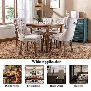 Rhomtree Set of 2 Fabric Dining Chairs Luxury Tufted Back with Nailed Trim and Back Ring Pull Home Kitchen Dining Room Chairs Armless Side Chairs Solid Rubber Wood Legs (Beige)