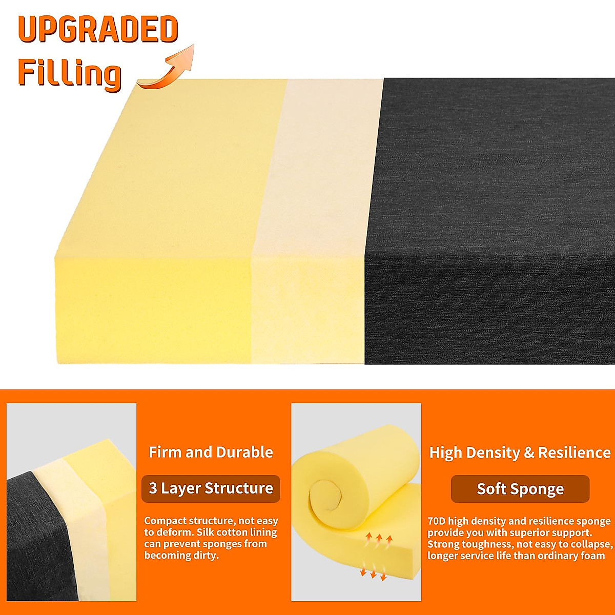 Detiblue Bench Cushion - Outdoor Patio Porch Swing Cushion, Indoor Bay Window Seat Furniture Cushion, Non-Slip, Waterproof, 48x18x4, Cationic Black