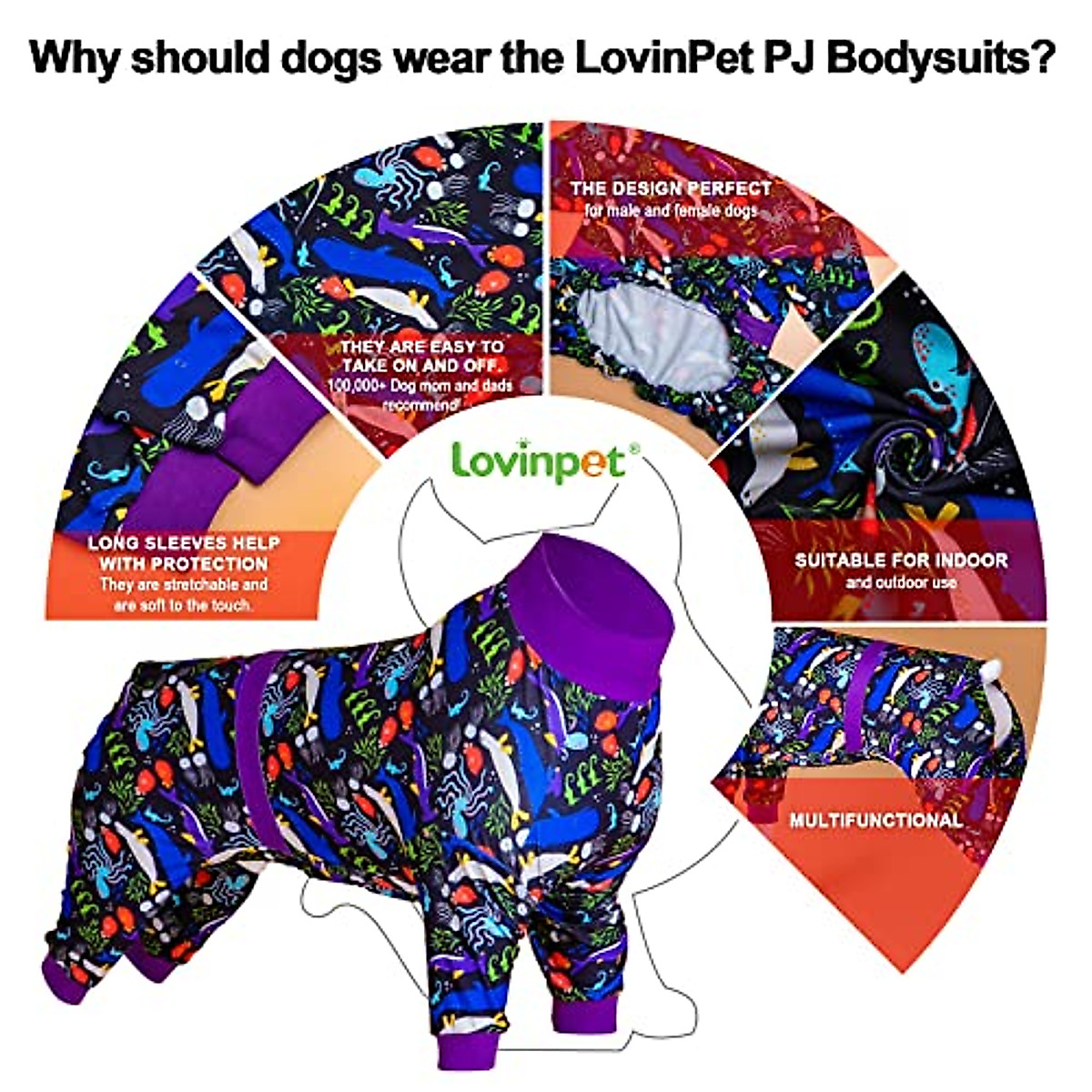 LovinPet Large Big Dog Pajamas - Post Surgery Onesie for Large Dog Breeds, Reflective Stripe, Lightweight breatheable stretchy knit, Charcoal Gray Deep Sea Print, Large Dog Jammies, Pet Pj's,Black 2XL