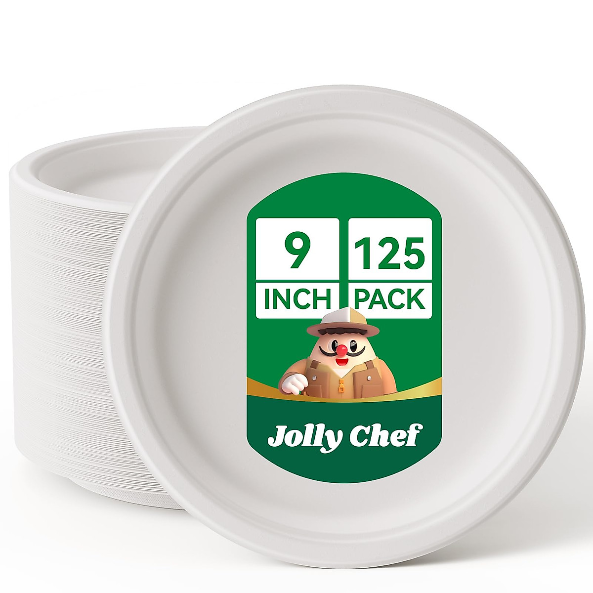 JOLLY CHEF Compostable Heavy Duty Plates 9 Inch [125 Pack] Eco-Friendly Disposable Natural Paper Plates Bagasse Biodegradable Bulk for Party Dinner Sugarcane Fibers Round 125 Count(White)