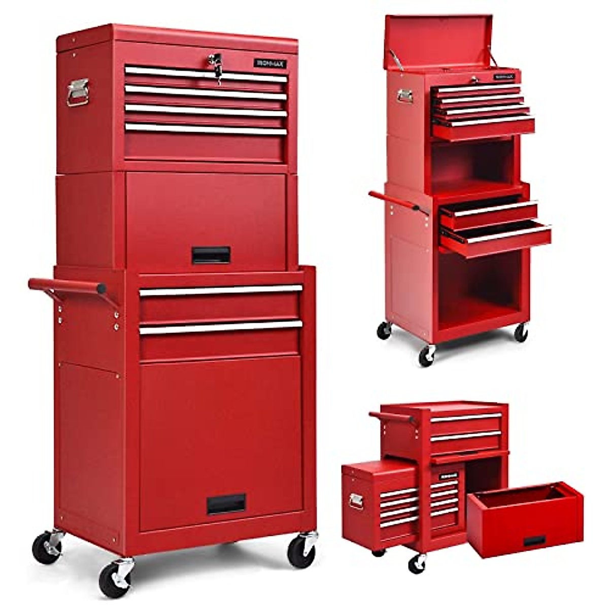 Goplus 6-Drawer Rolling Tool Chest, 3-in-1 Tool Box Organizer w/ Auto Locking System & Lockable Wheels & Sliding Drawers & Detachable Top, Tool Storage Cabinet for Garage Workshop, Red