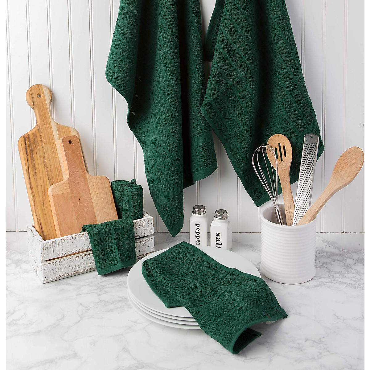 DII Basic Terry Collection Solid Windowpane Dishcloth Set, 12x12, Dark Green, 6 Piece